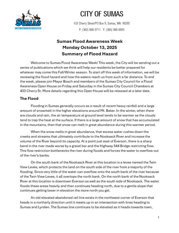 Summary of Flood Hazard 2025 Page One | City of Sumas | Washington